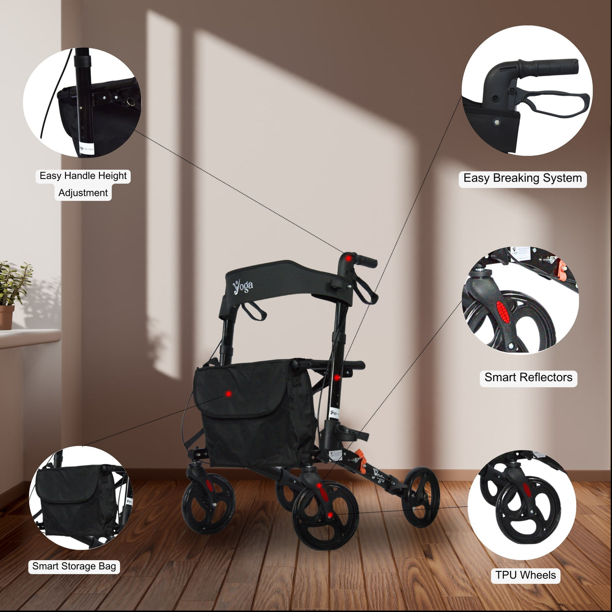 Yoga Foldable Aluminium Rollator | Lightweight Walker with Seat & Bag